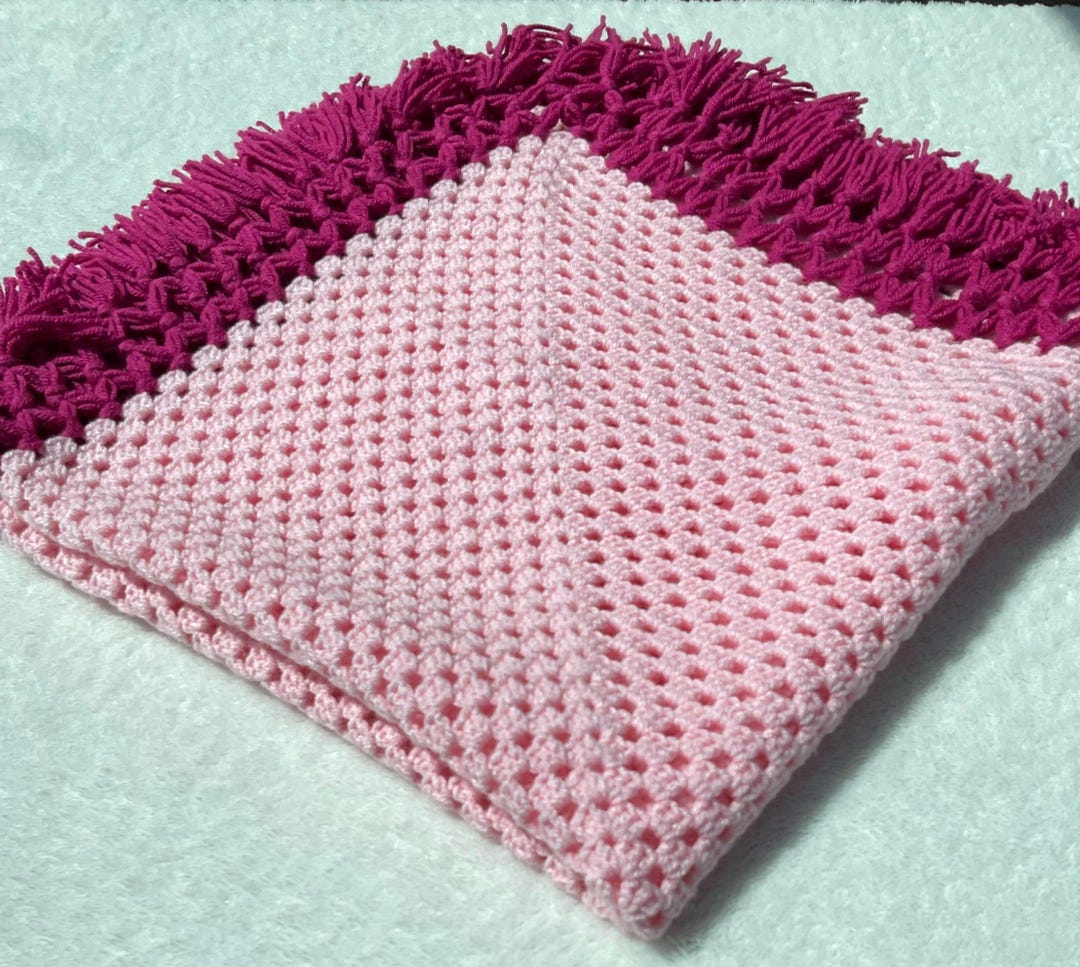 Crocheted Granny Square Baby Blanket: Macrame Edging, Magenta Pink - Etsy