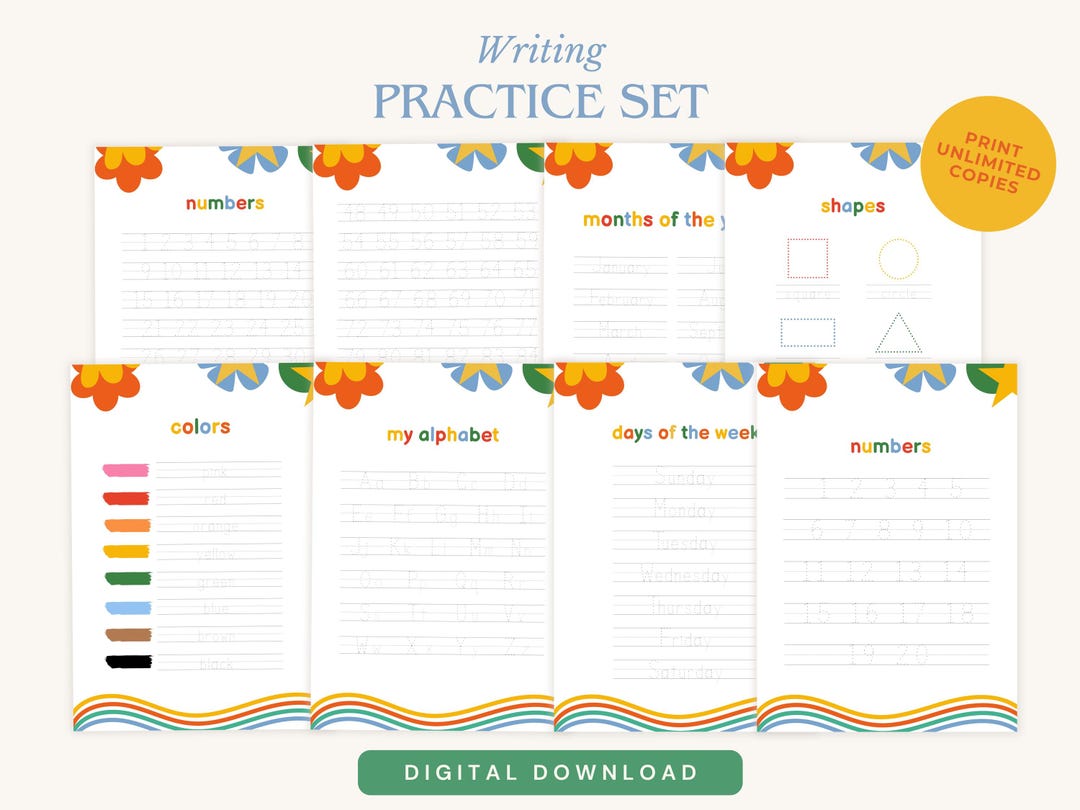 Writing Practice Set - Digital Download, Tracing Worksheets, Pre ...