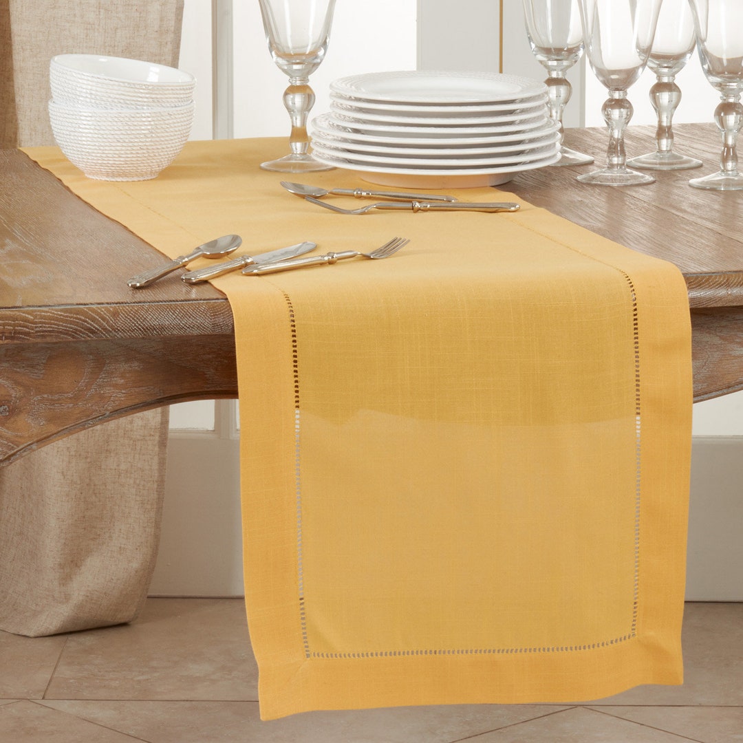 Gold Monogrammed No Iron Gold Hemstitched Table Runner 3 Sizes, White ...