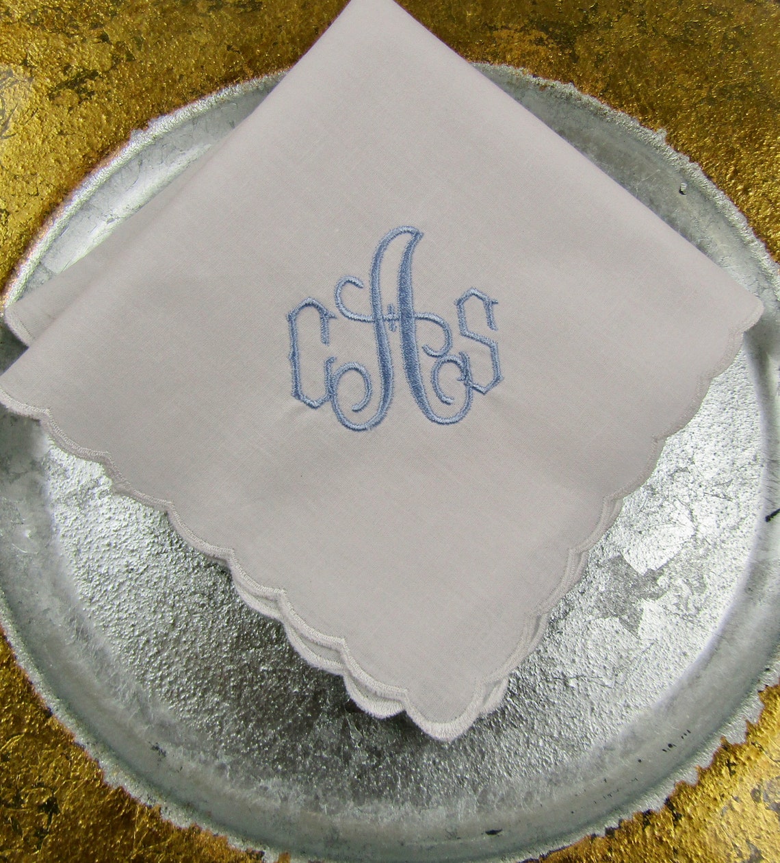 Monogrammed Handkerchief scalloped satin edge cotton Hankie | Etsy