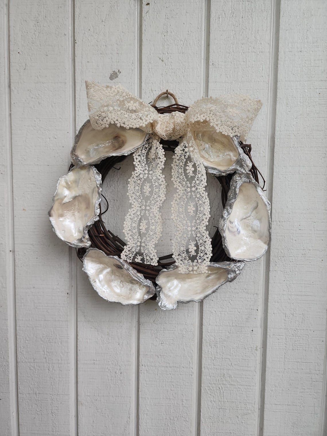 Oyster Shell Wall Wreath, Natural Shells, Glossy With Lace Bow, on ...