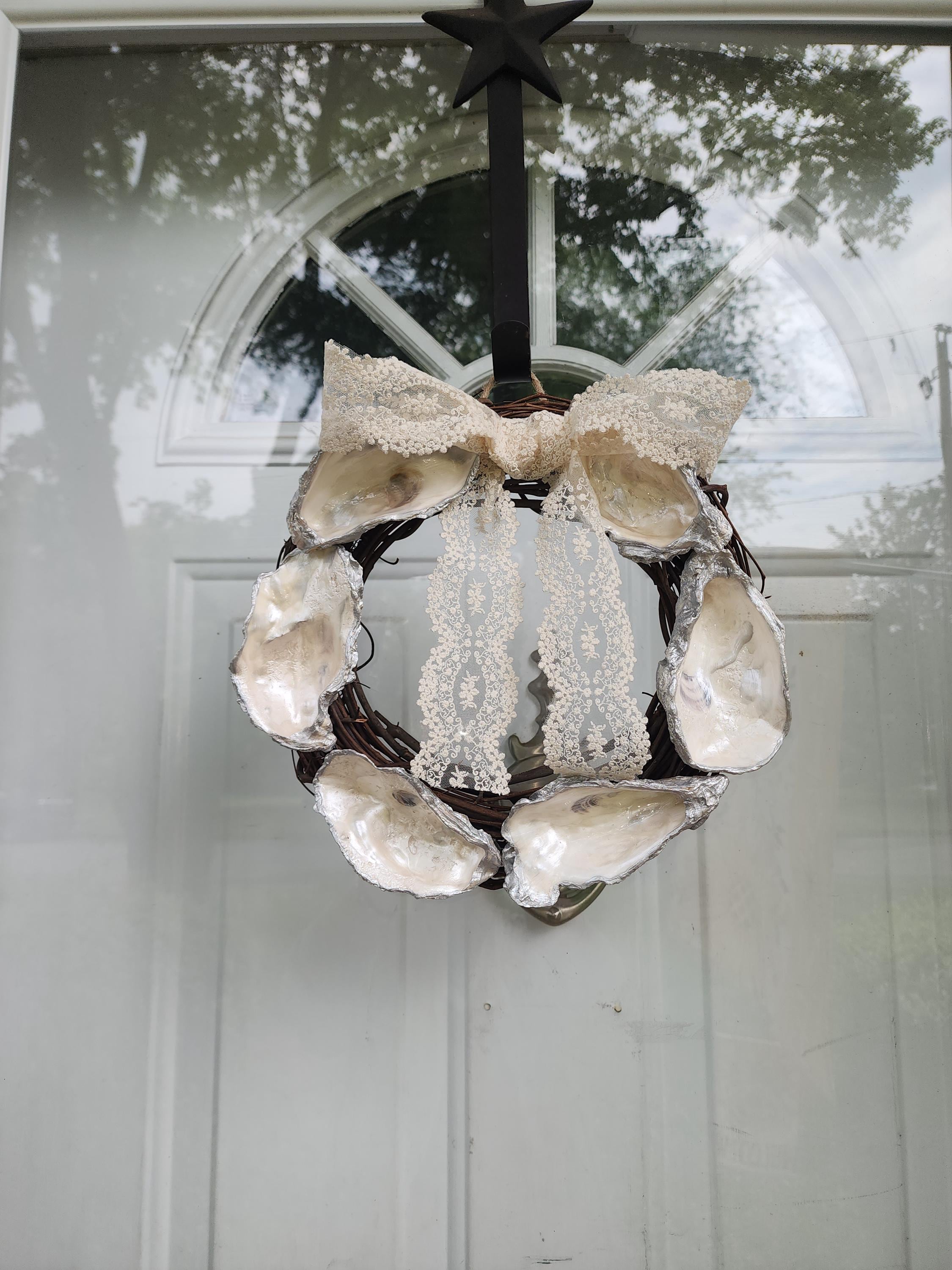 Oyster Shell Wall Wreath, Natural Shells, Glossy With Lace Bow, on ...
