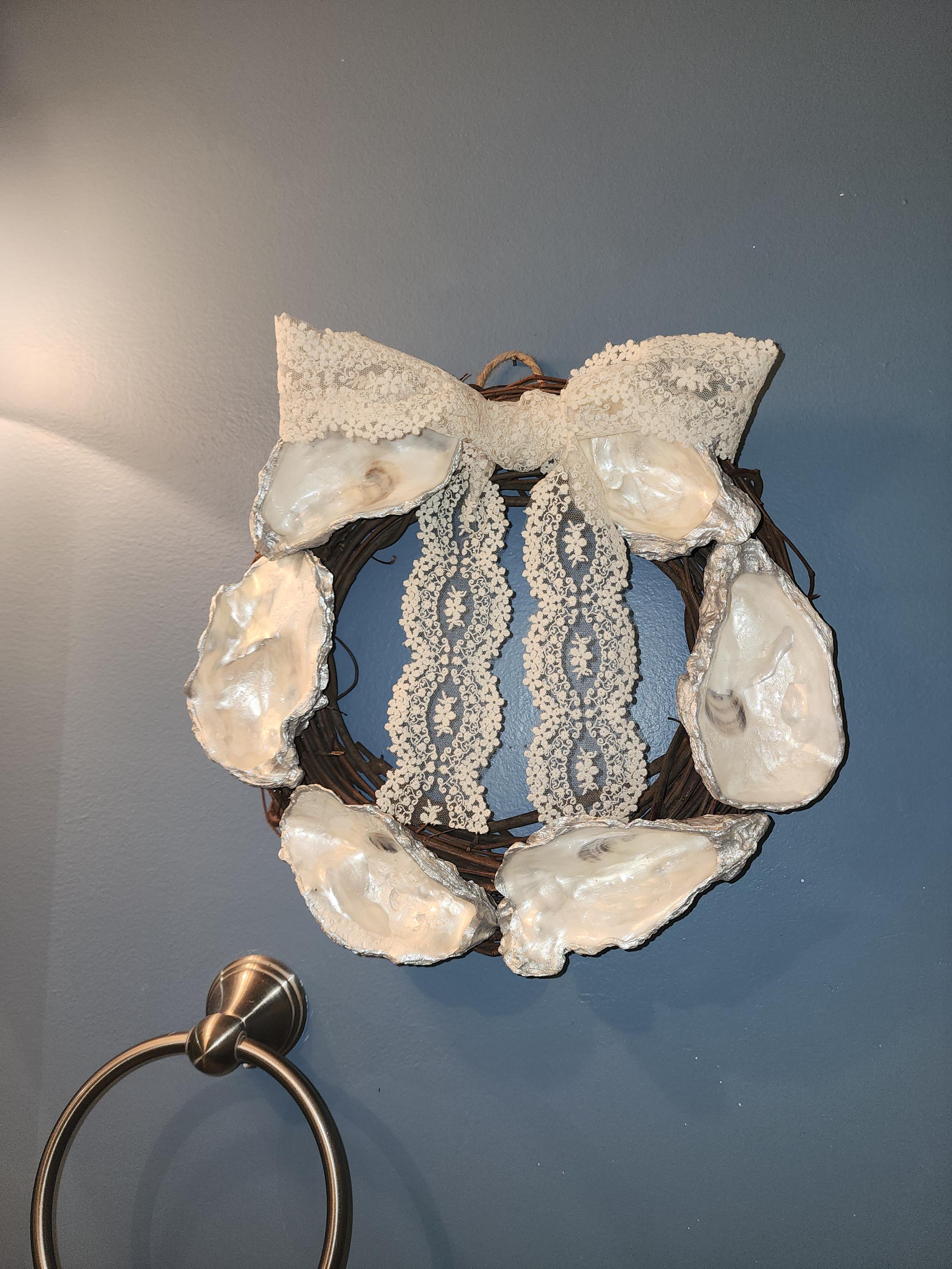 Oyster Shell Wall Wreath, Natural Shells, Glossy With Lace Bow, on ...