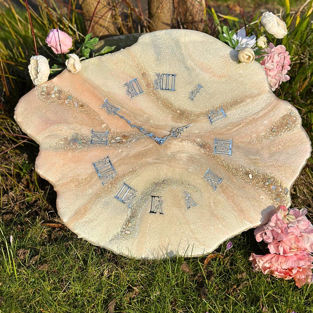 Large Epoxy Resin Clock, Light Pink Tones Clock, Flower Design Numbers ...