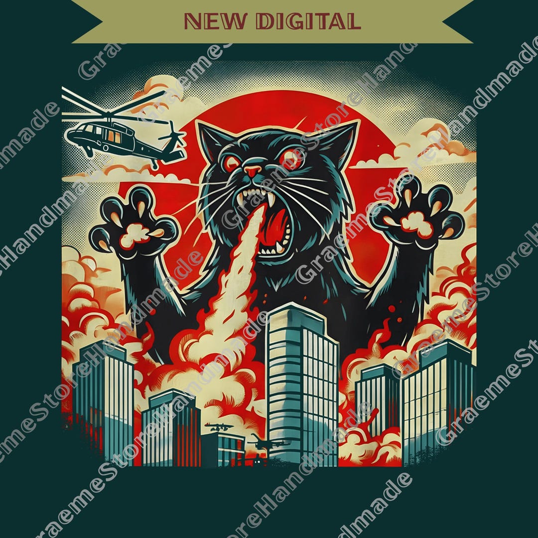 Catzilla Png, Retro Japanese Movie Poster Png, Funny Cat Png, Cat Lover ...
