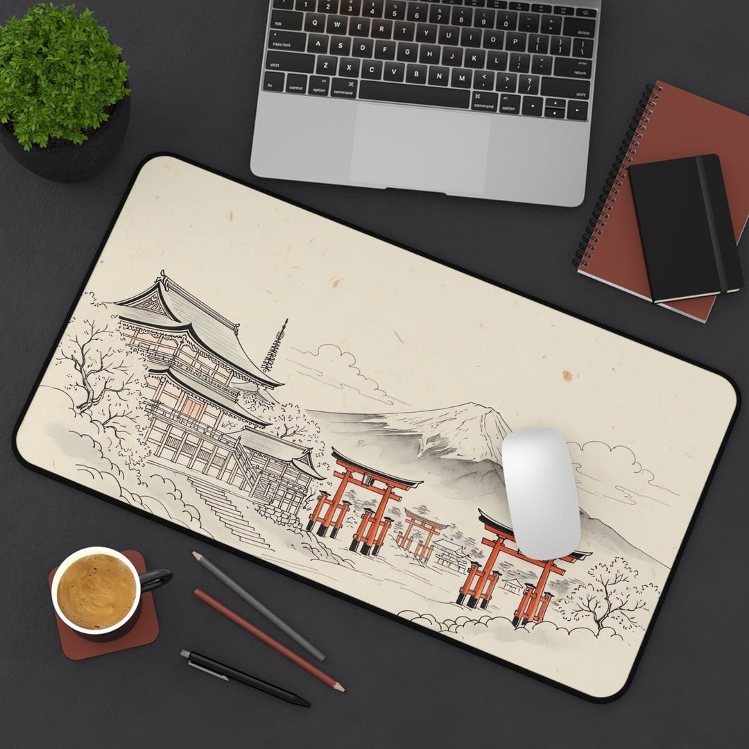 Vintage Japanese Landscape Desk Mat | Mount Fuji, Torii Gates, Temple ...