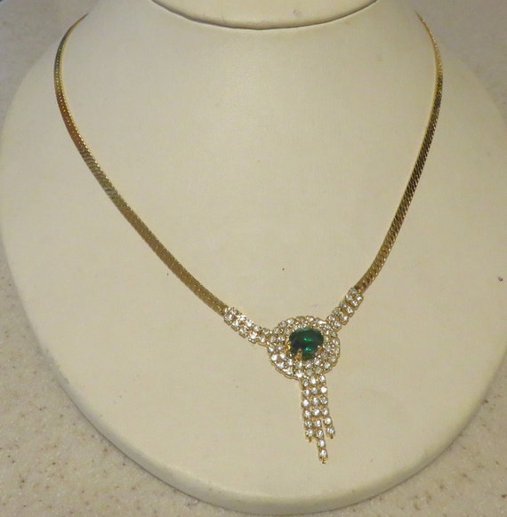 Vintage AFJ Delicate Emerald Green Rhinestones Pendan… - Gem