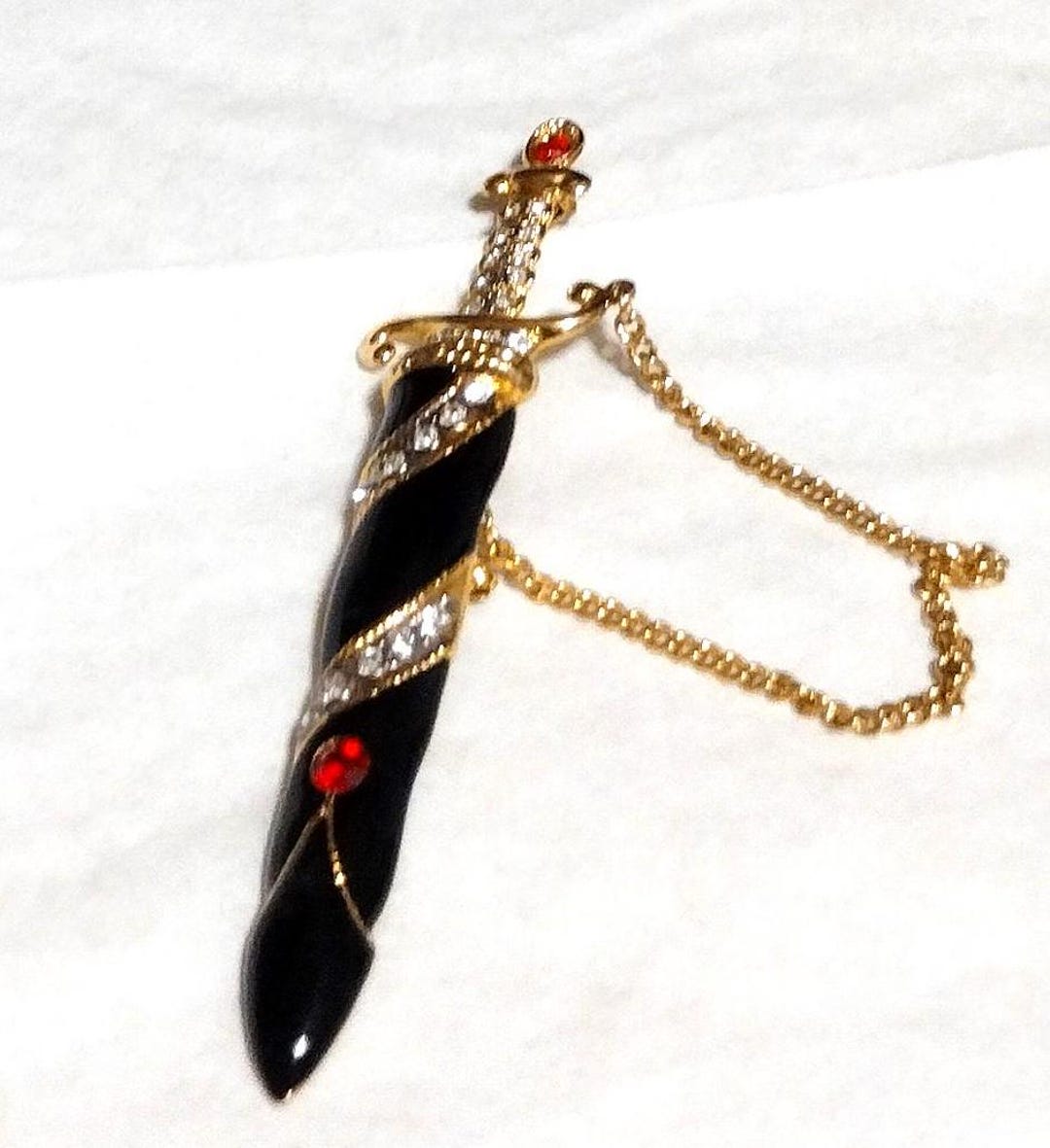 Vintage Jeweled Sword & Scabbard Double Brooch Black Enamel Rhinestones ...