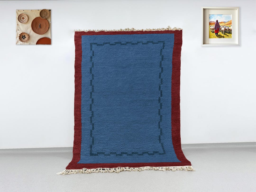 Handmade Moroccan Berber Wool Rug, Slate Blue Oxblood Border - Etsy