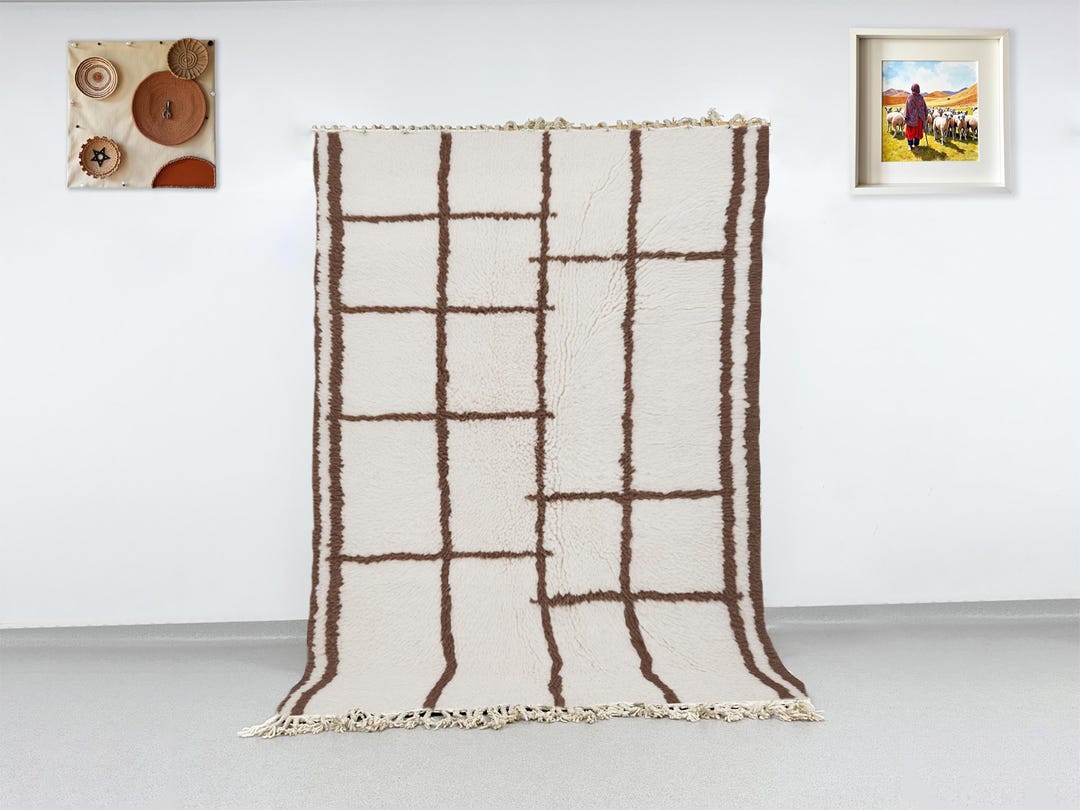 Cream Moroccan Wool Rug With Brown Grid Pattern, Handwoven Berber ...
