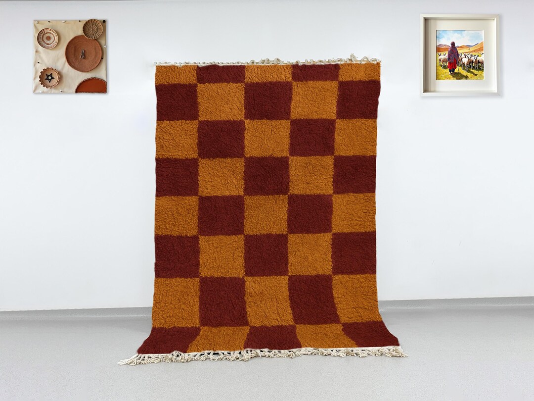Handmade Terracotta Checkered Wool Rug, Moroccan Berber Carpet - Etsy