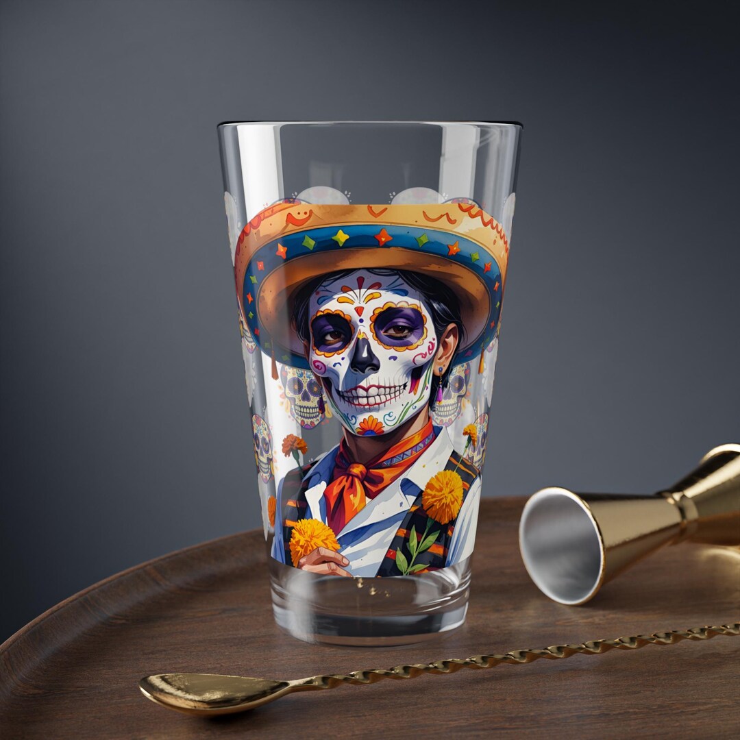 Dia De Los Muertos Mixing Glass: Colorful Skull Design, Halloween ...