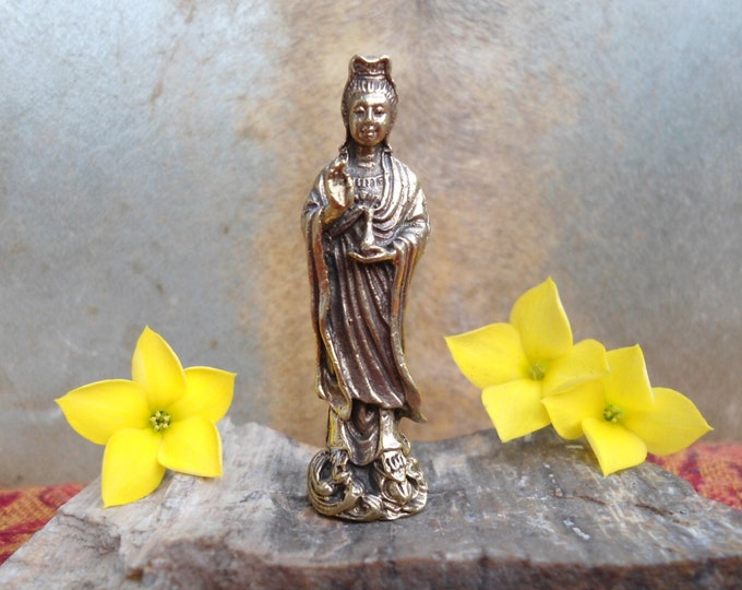 Brass Kuan Yin Statue Tiny Quan Yin Travel Altar Statue Portable Altar ...