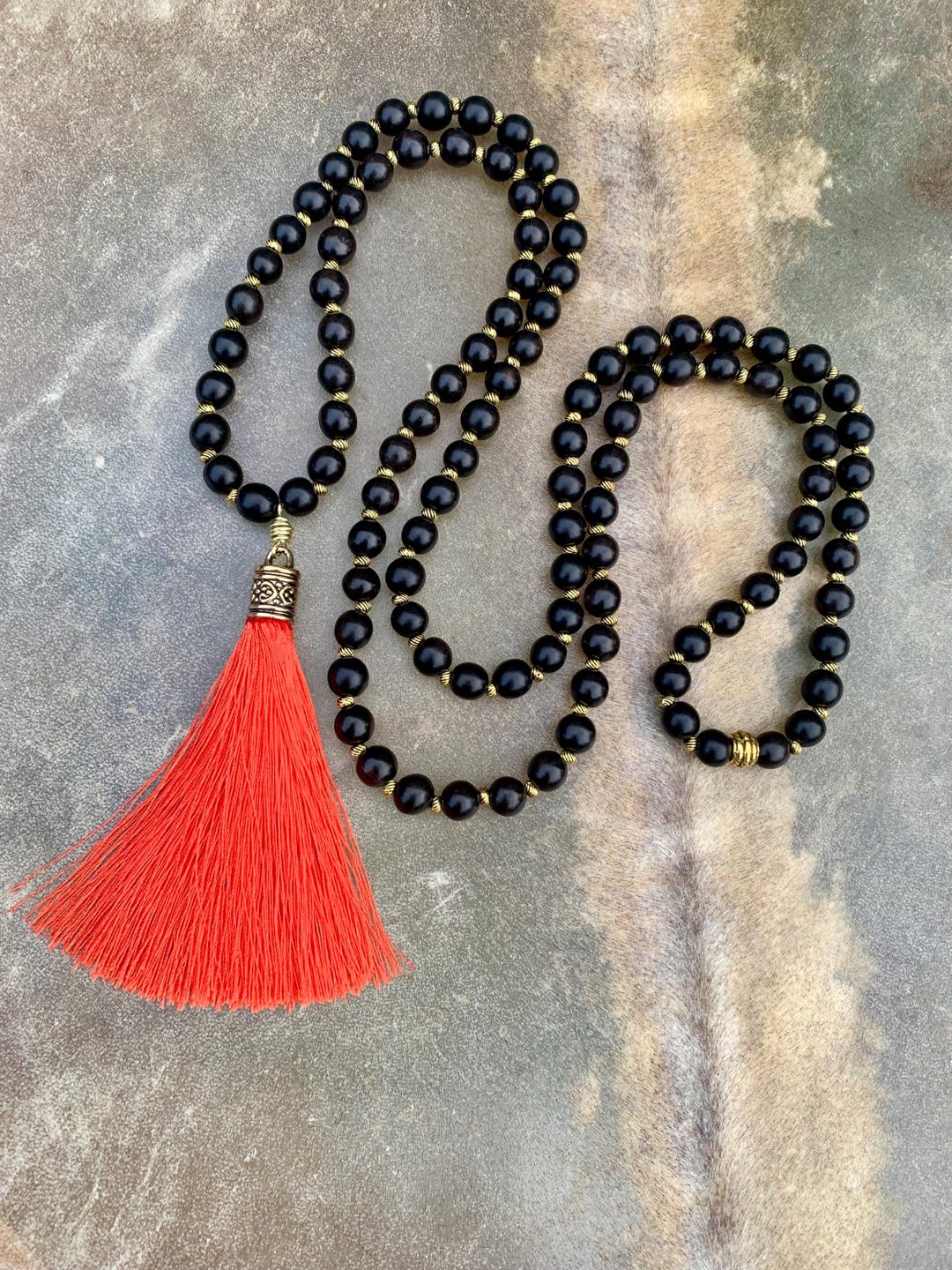SALE Ebony Mala Beads Necklace, Orange Tassel, Natural Wood Prayer ...