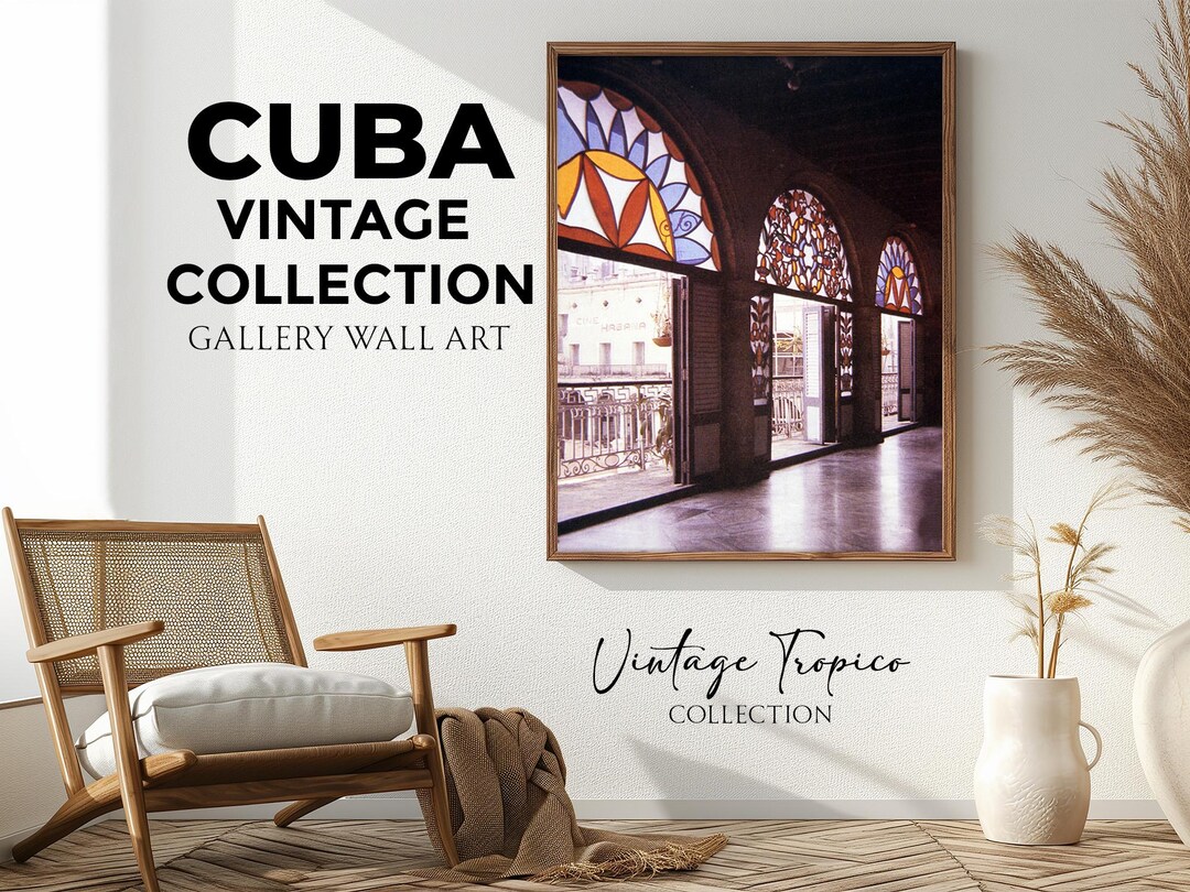 Framed Cuba Poster Art, Trio of Beautiful Stain Glass Windows Havana ...