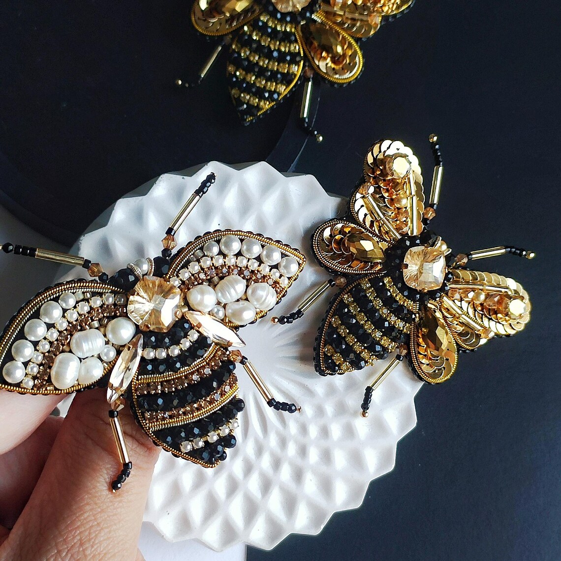 Charming Handmade Bumble Bee Brooch With Crystals - Embroidered Pin ...