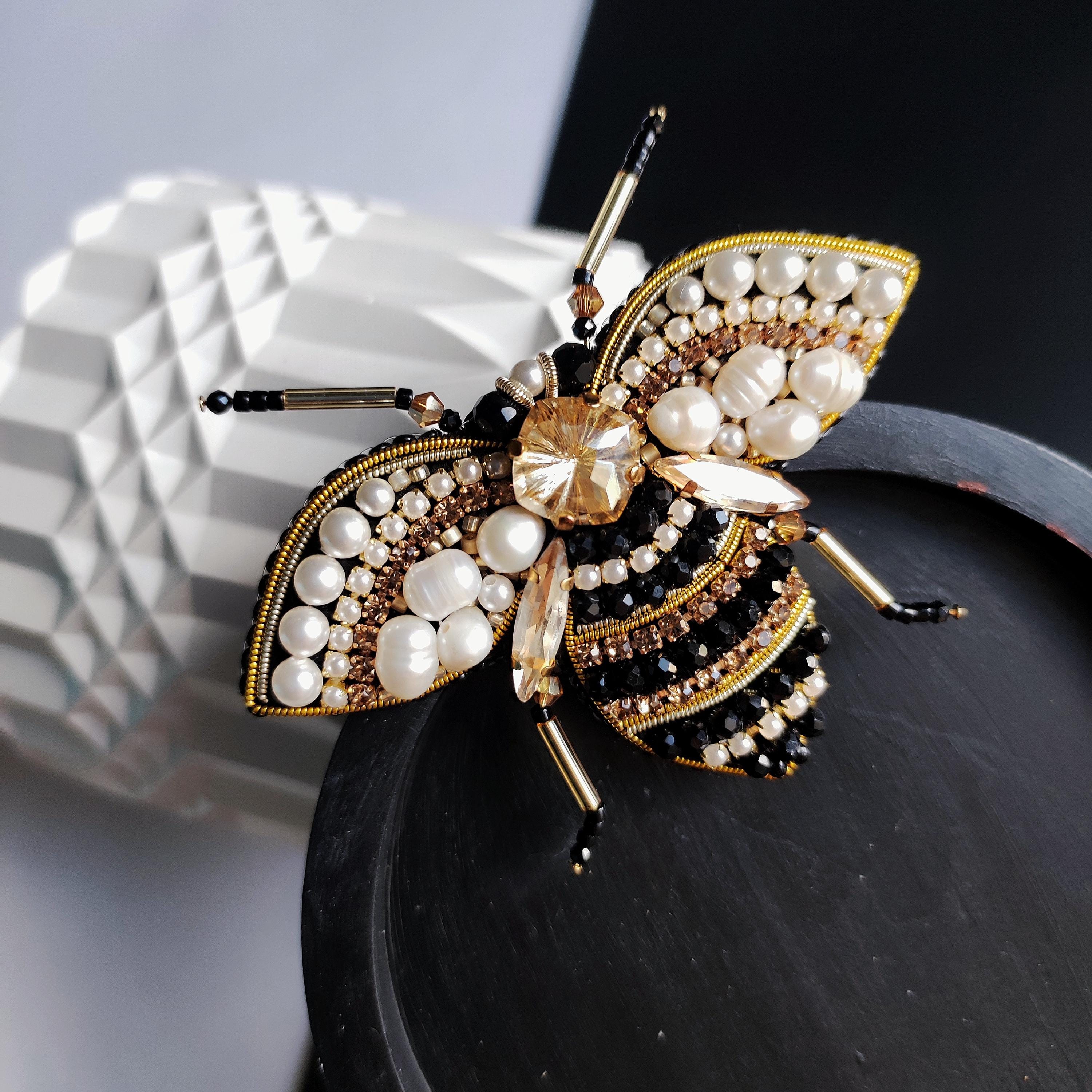 Charming Handmade Bumble Bee Brooch With Crystals - Embroidered Pin ...