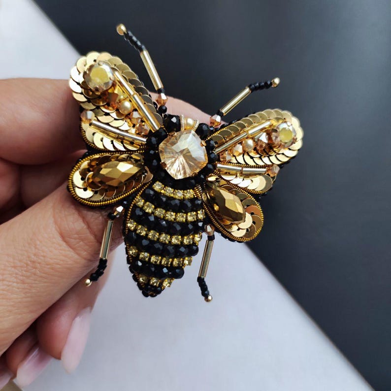 Charming Handmade Bumble Bee Brooch With Crystals - Embroidered Pin ...