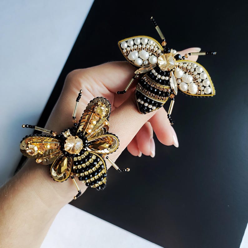 Charming Handmade Bumble Bee Brooch With Crystals - Embroidered Pin ...