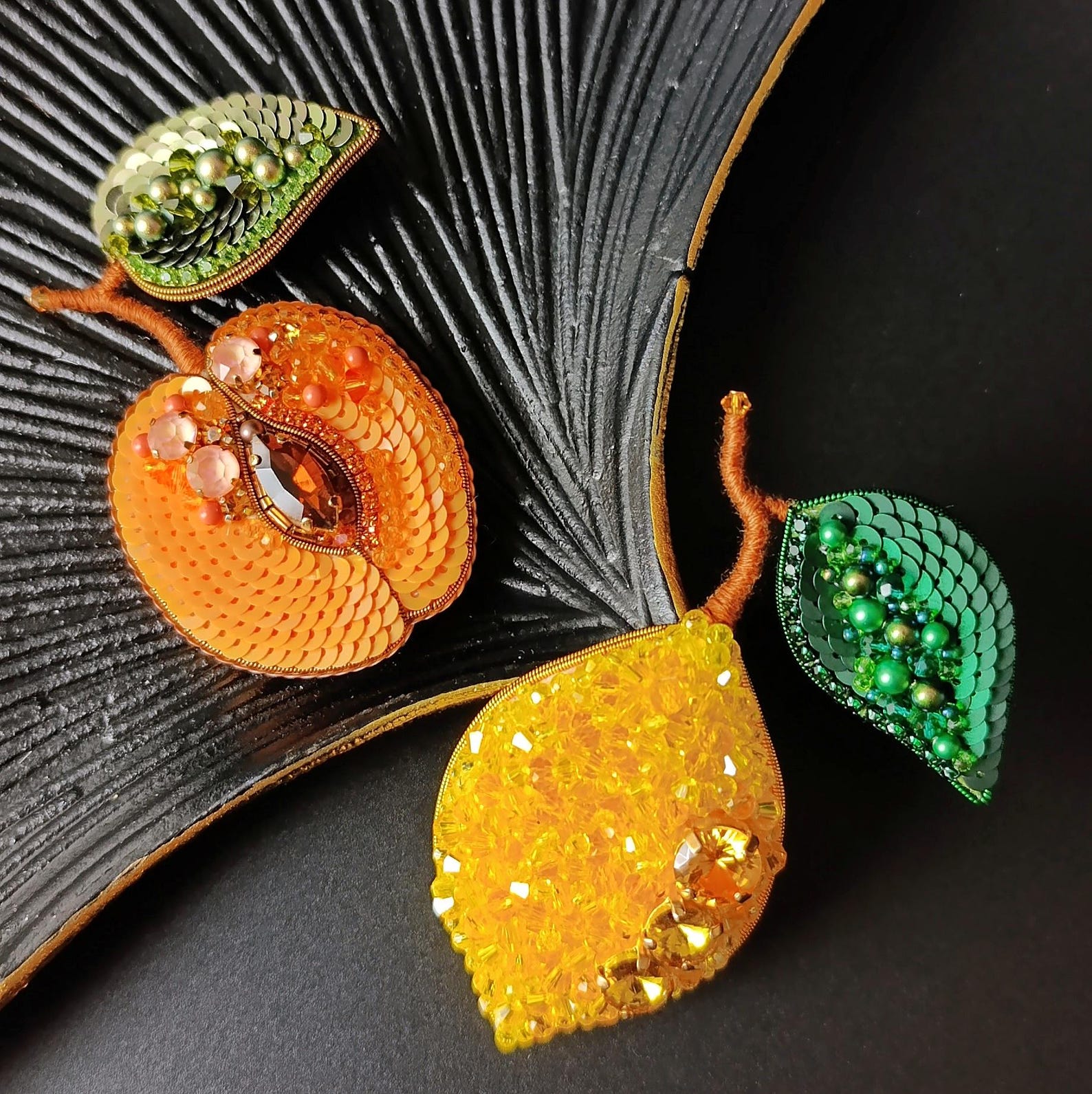 Sparkling Embroidered Fruit Brooch – Beaded Watermelon Apricot Lemon ...