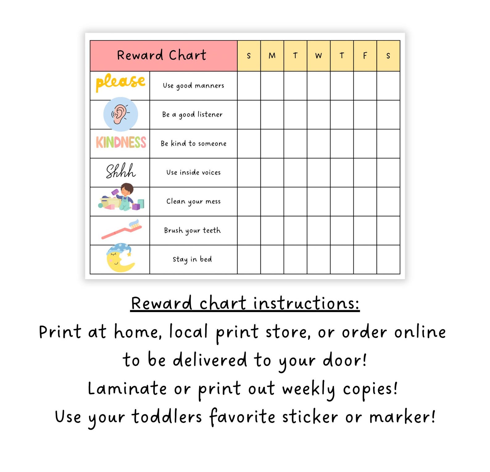 Printable Kids Reward Chart: Good Behavior & Chores (digital PDF) - Etsy