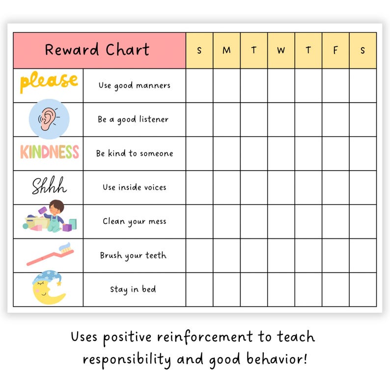 Printable Kids Reward Chart: Good Behavior & Chores (digital PDF) - Etsy