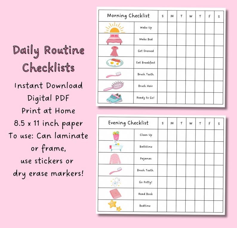 Printable Daily Routine Checklist for Kids, Morning & Evening (digital ...