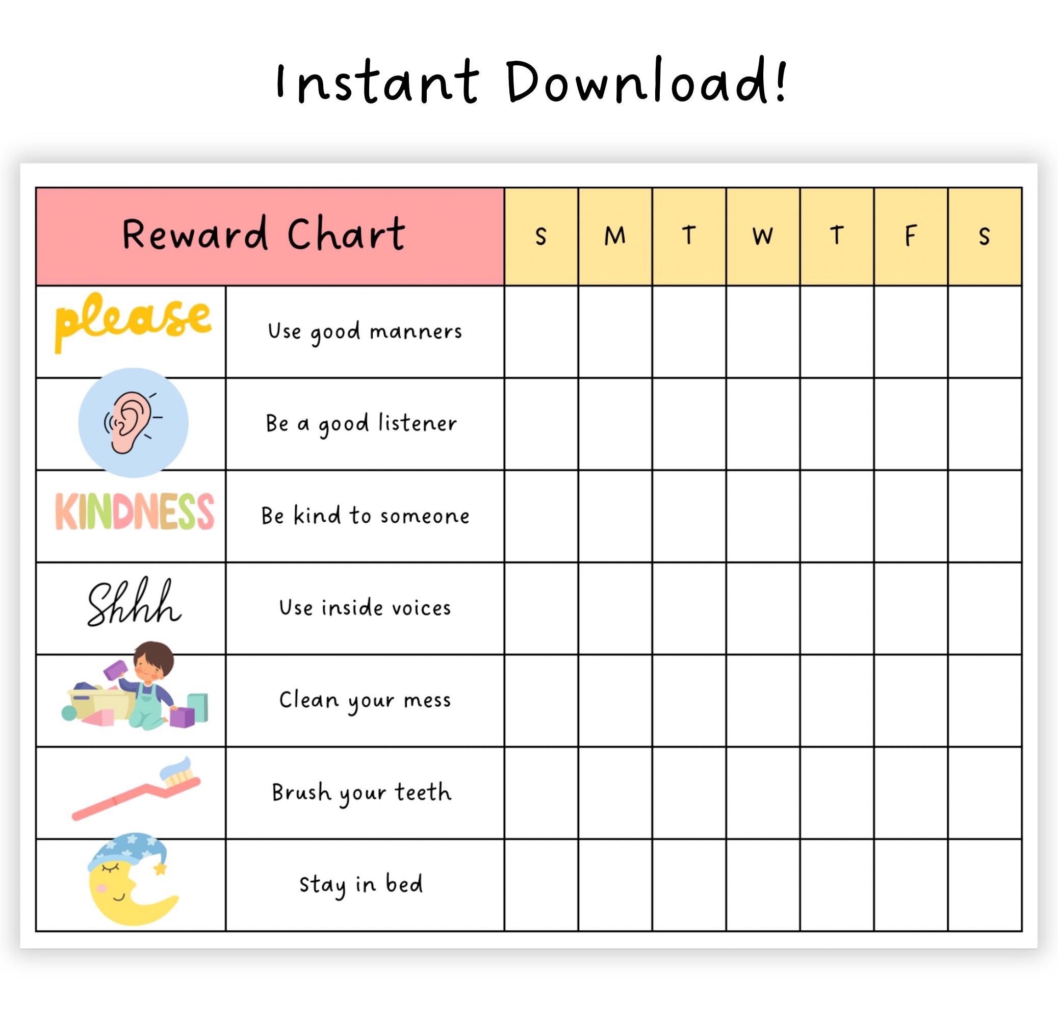 Printable Reward Chart for Kids, Good Behavior Chart, for Kids, Reward ...