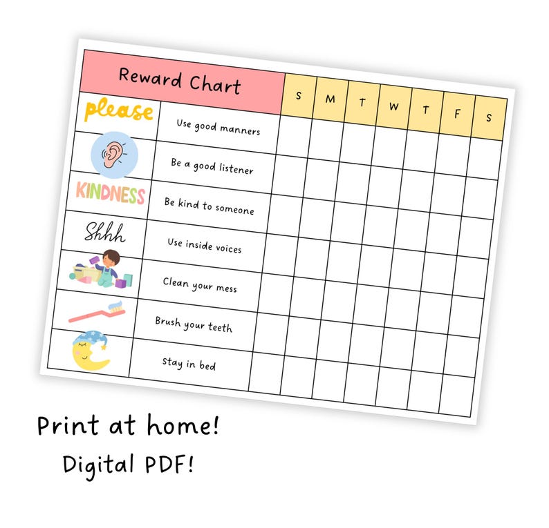 Printable Kids Reward Chart: Good Behavior & Chores (digital PDF) - Etsy