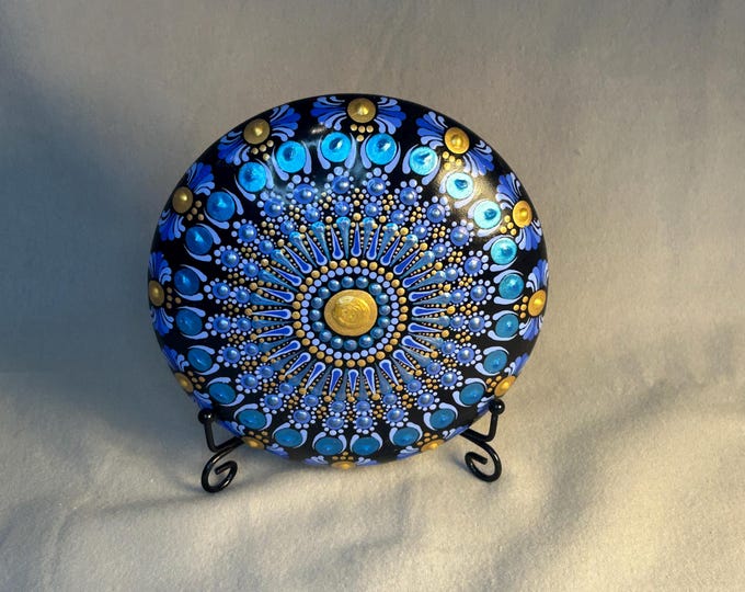 Mandala Stone Dot Art, Blue, Gold; Unique, Dot Painting, Paperweights ...
