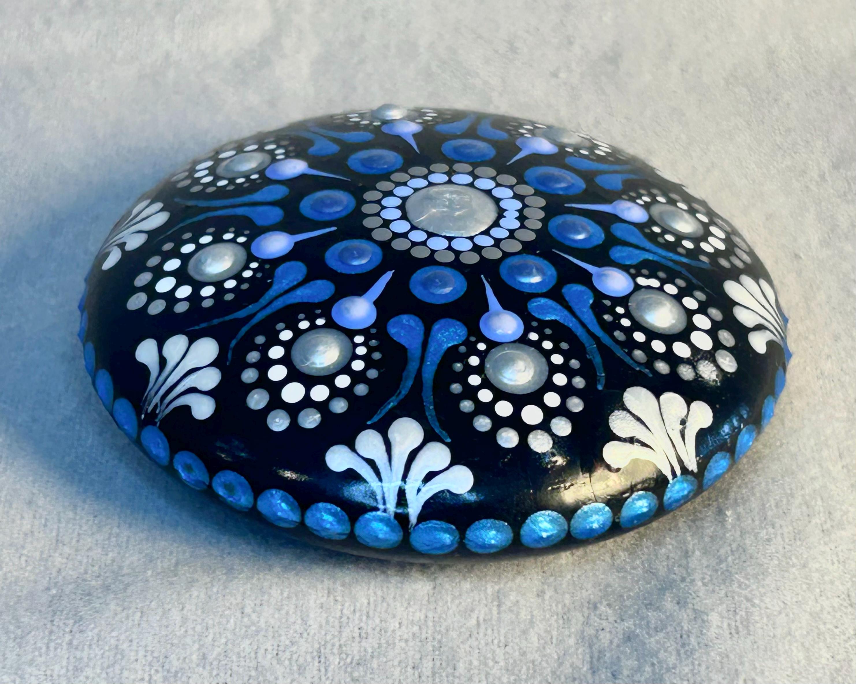 Mandala Stone Dot Art, Blue, Silver; Unique, Dot Painting, Paperweights ...