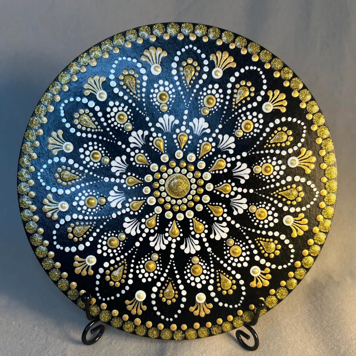 7" Hand-painted Dot Mandala Wooden Plaque; With Included Metal Stand ...