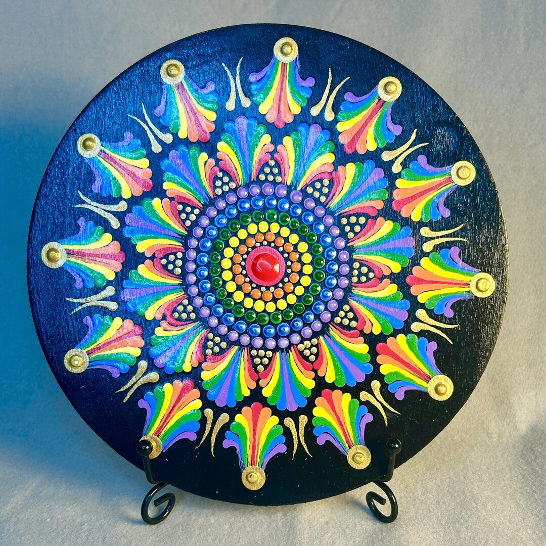 7" Hand-painted Dot Mandala Wooden Plaque; With Included Metal Stand ...