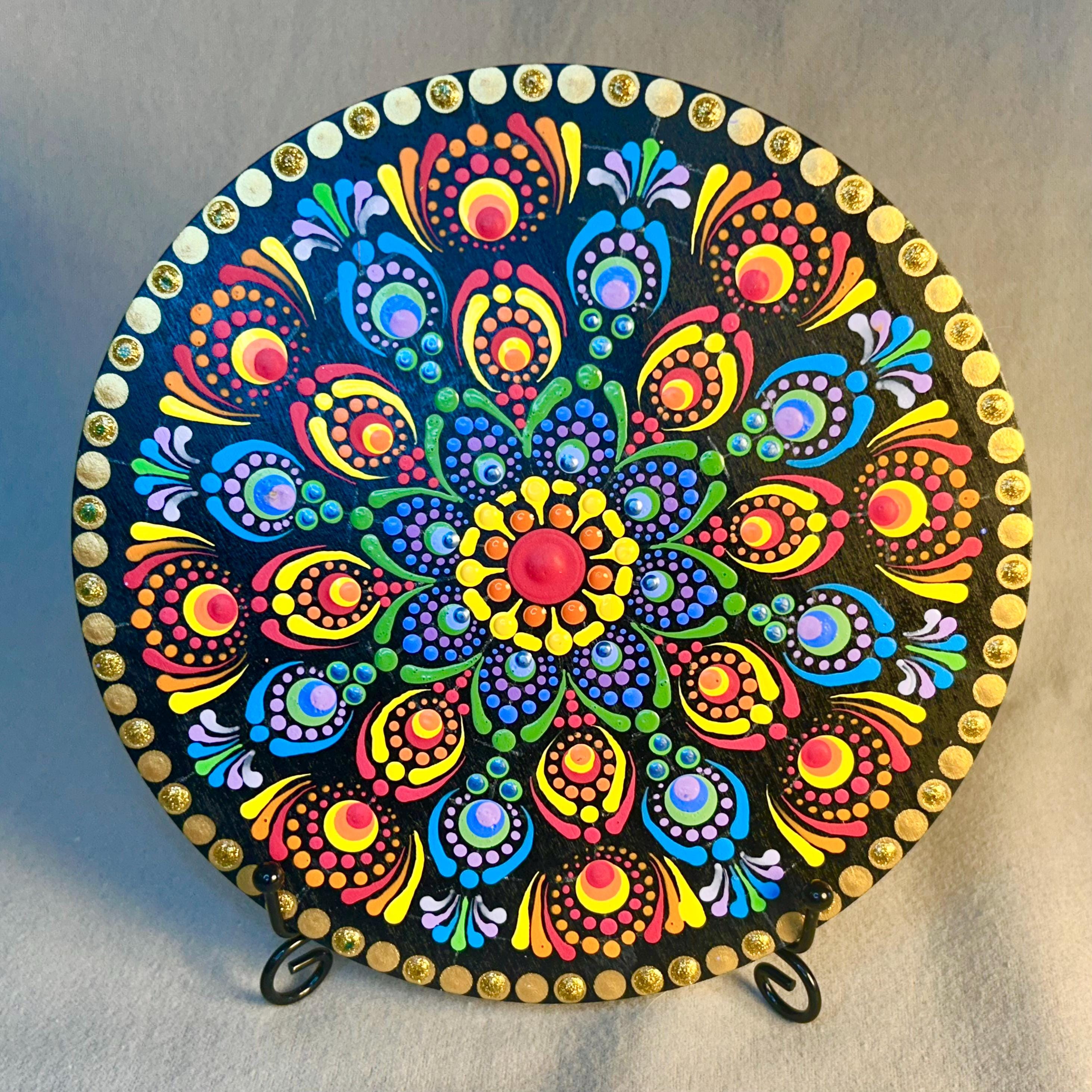 7" Hand-painted Dot Mandala Wooden Plaque; With Included Metal Stand ...