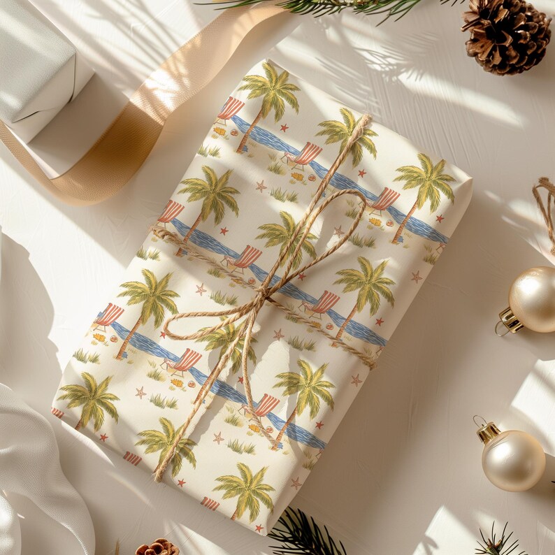 Vintage Ocean Wrapping Paper Beach & Palm Trees Gift Wrap Coastal Gift ...