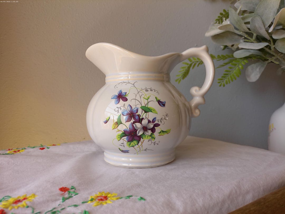 Mccoy Pitcher Flowers Vintage Pottery 7528 Signed Mccoy Blue Purple ...