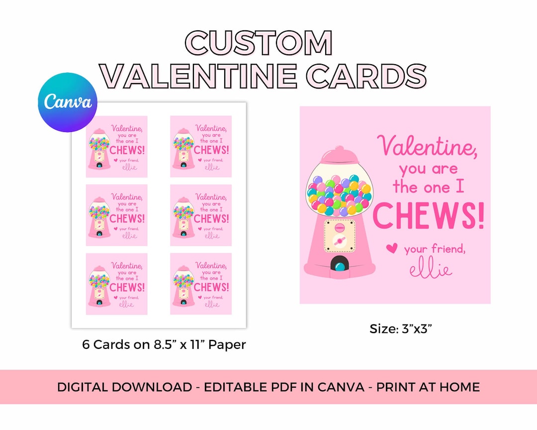DIY Editable Bubble Gum Valentine’s Cards - Digital Download - Custom ...