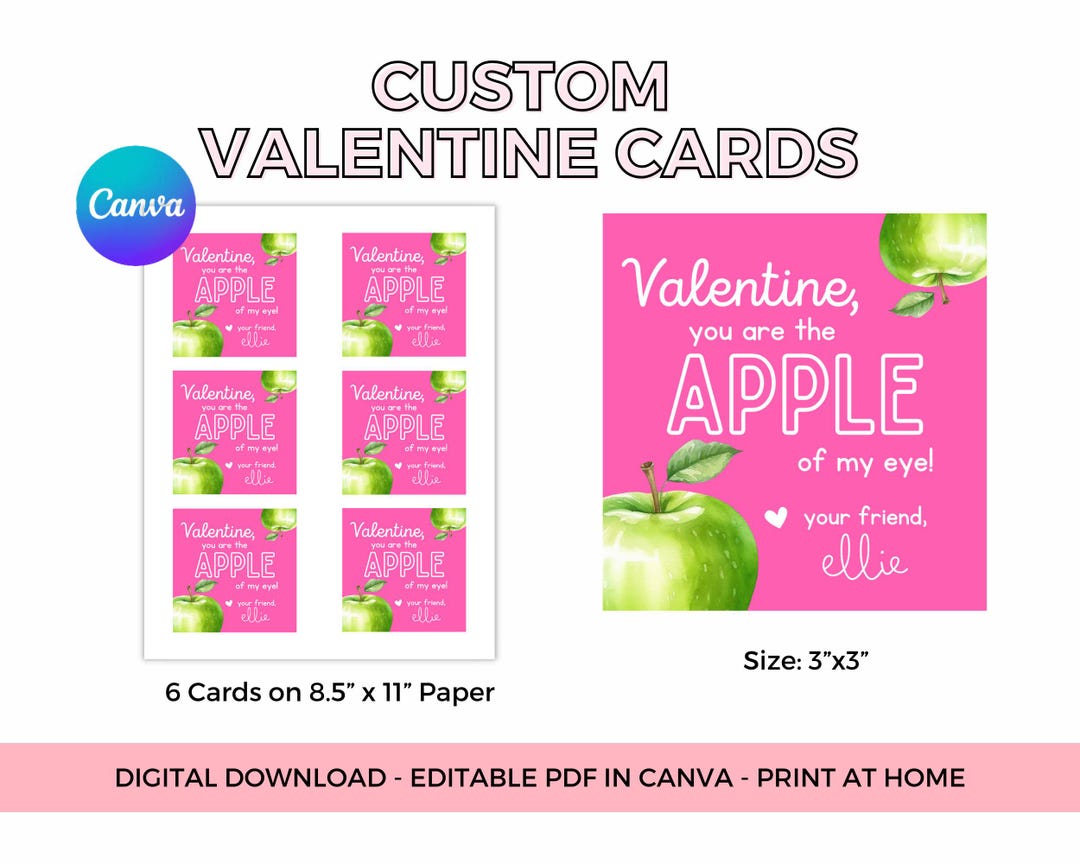 Girls DIY Editable Apple Valentine’s Cards - Digital Download - Custom ...