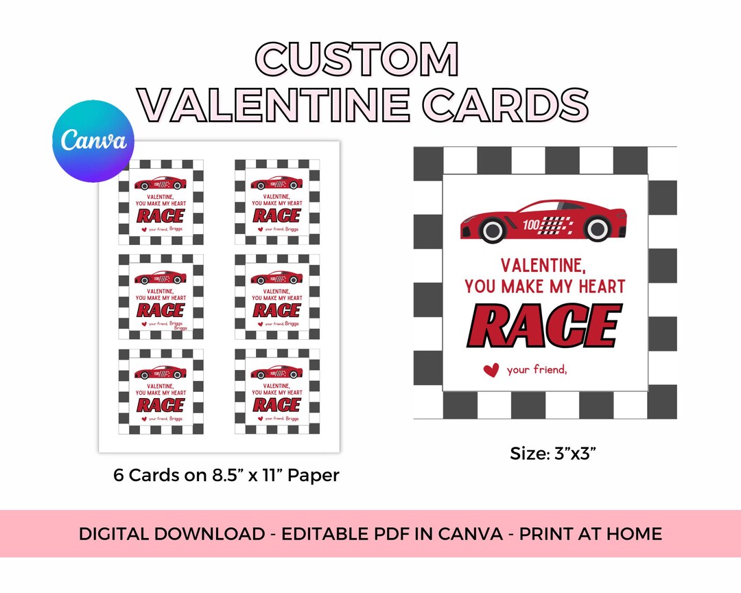 Race Editable Valentine’s Cards - Digital Download - Custom Kids ...
