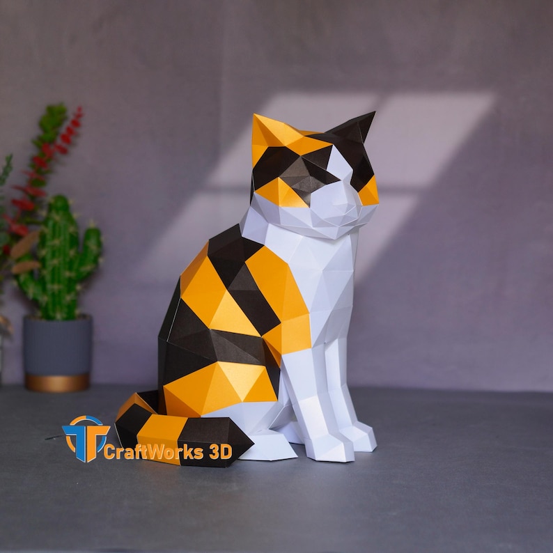 Calico Cat Papercraft SVG PDF Template – Low Poly Sitting Cat 3D Paper ...