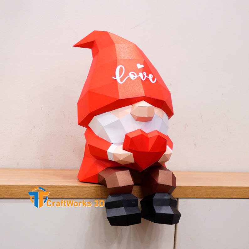Valentine’s Gnome Papercraft SVG PDF Template | DIY Low Poly Male Gnome ...