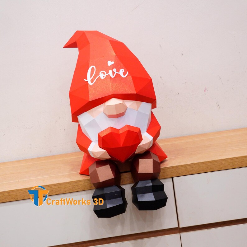 Valentine’s Gnome Papercraft SVG PDF Template | DIY Low Poly Male Gnome ...