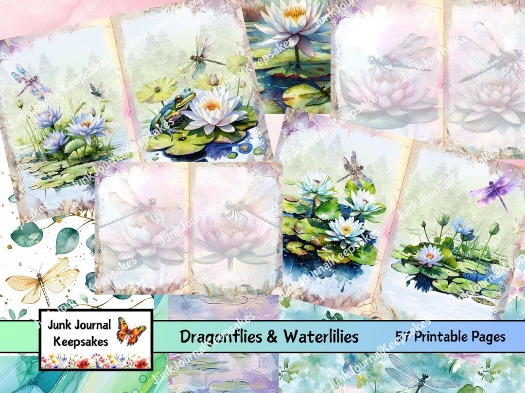 Dragonflies & Lilies, Papercraft, Digital Download, Scrapbooking, Junk ...