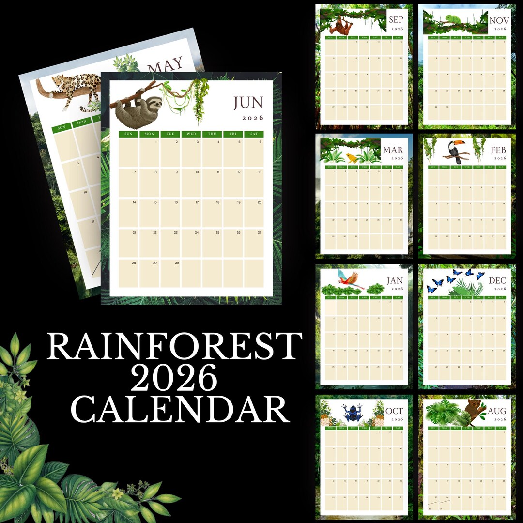 2026 Rainforest Calendar Printable and Canva Template All Months, 8 ...