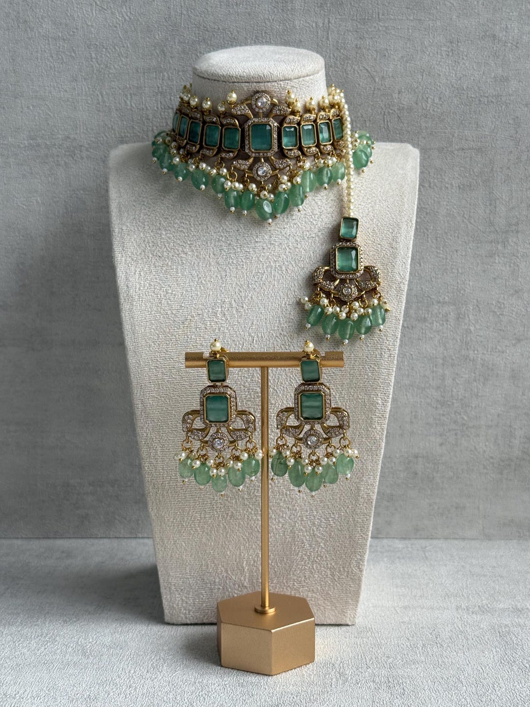 Ayura Designs Esme Set – Antique Gold Choker With Mint Green Stones ...
