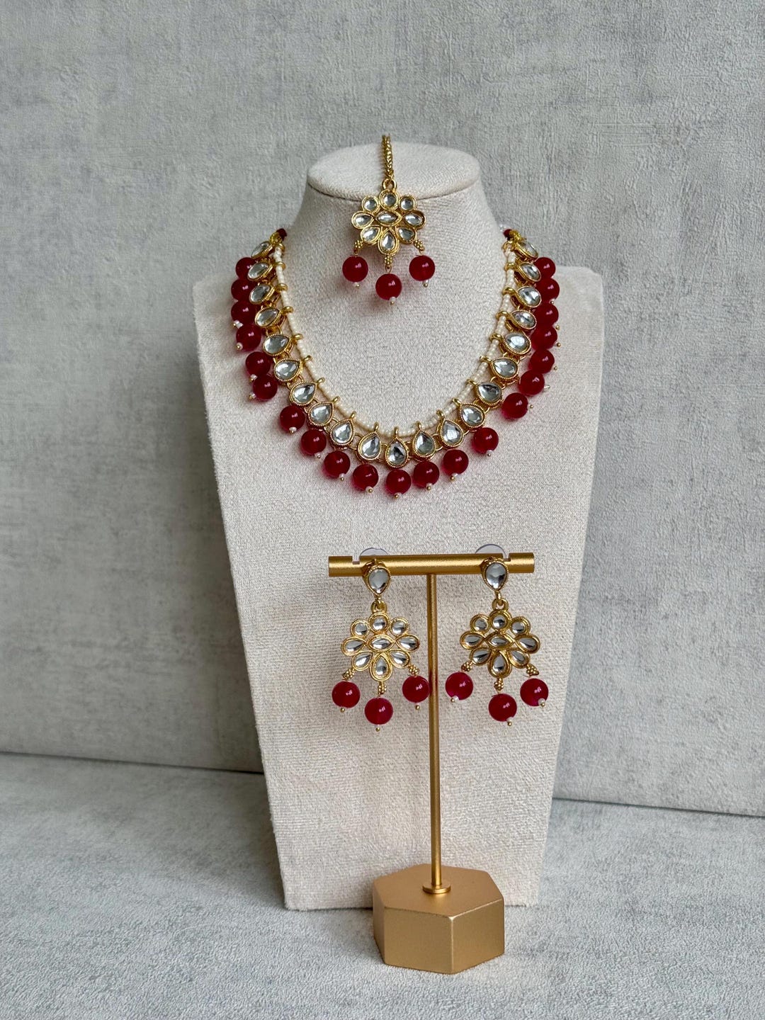 Ayura Designs Dalia Set With Earrings & Tikka – Ruby Red With Kundan ...