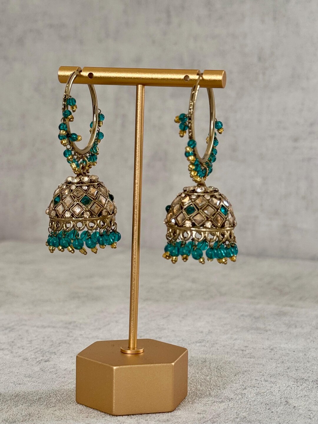 Ayura Designs Jugni Bali Jhumkas – Antique Gold With Teal Green Beads ...