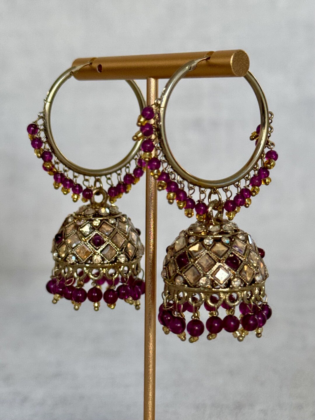 Ayura Designs Jugni Bali Jhumkas – Antique Gold With Deep Plum Beads - Etsy