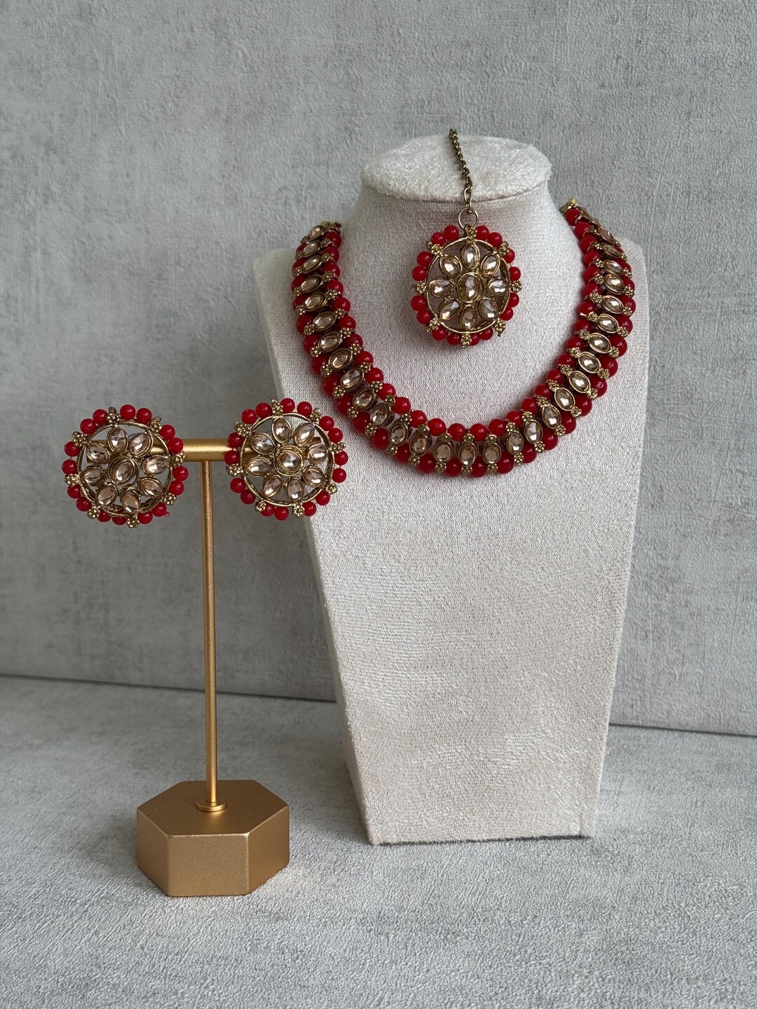 Ayura Designs Hala Set With Tikka & Studs – Orange Beads and Champagne ...