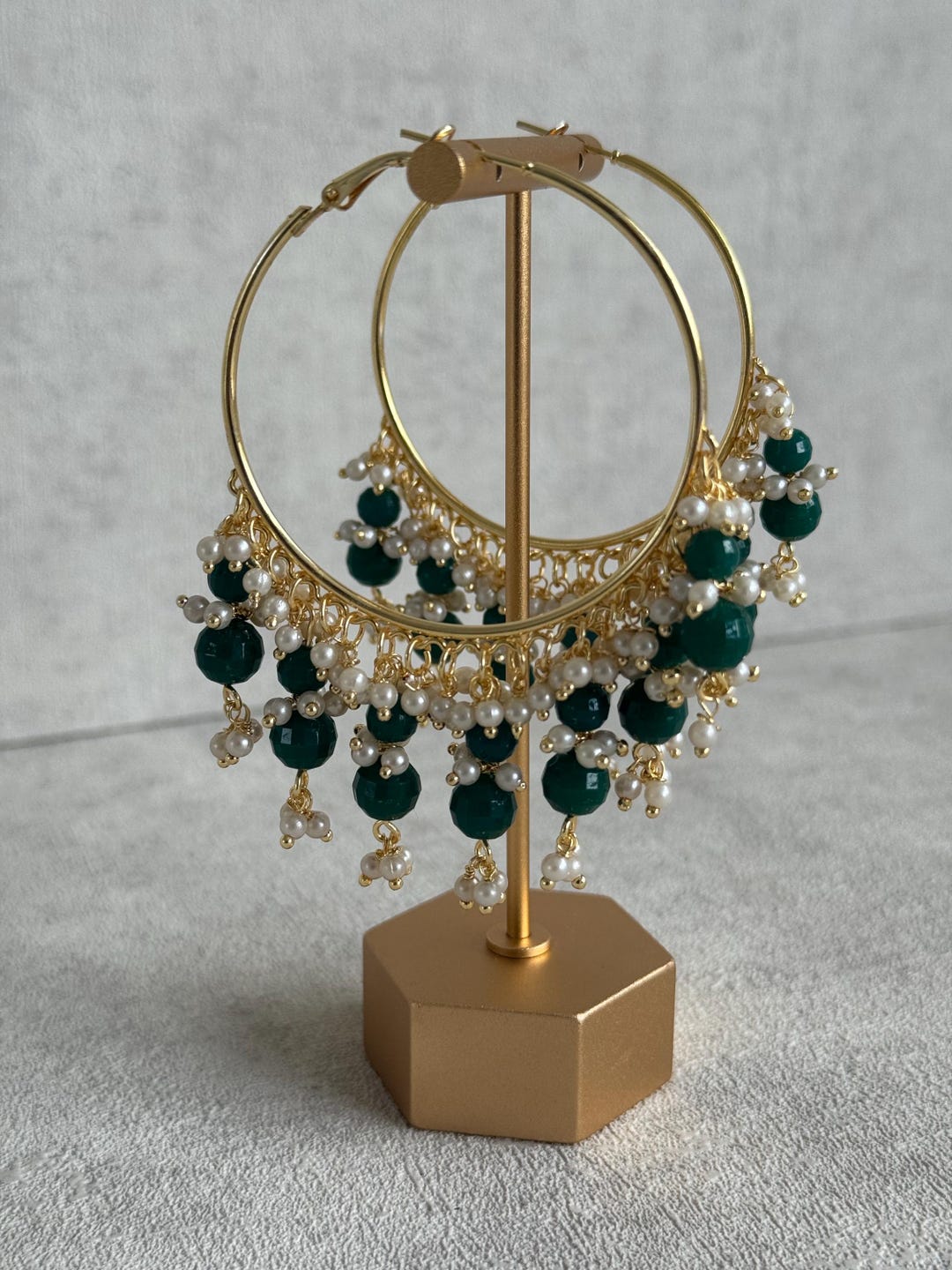 Ayura Designs Bijli Balis – Emerald Green Beads, Pearl Clusters, Gold ...